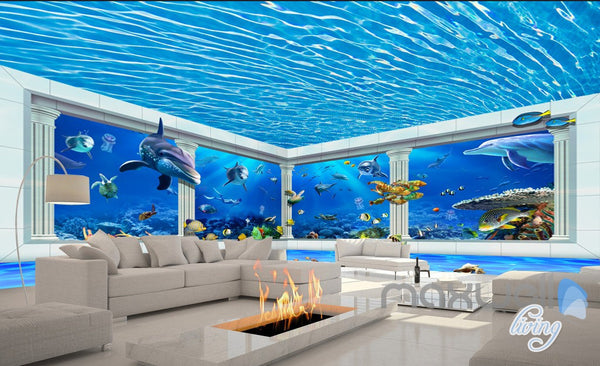 3D Shimmering Water Ceiling Dophin Window View Entire Room Bathroom Wa ...