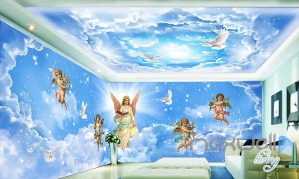 3D Angels Sky Heaven Clouds Pegion Full Living Room Bedroom Wallpaper ...