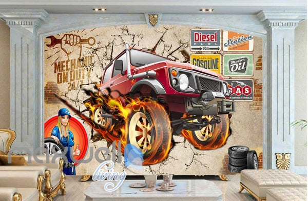 3d jeep breaking wall with wheels on fire wallpaper Art Wall Murals Wa ...