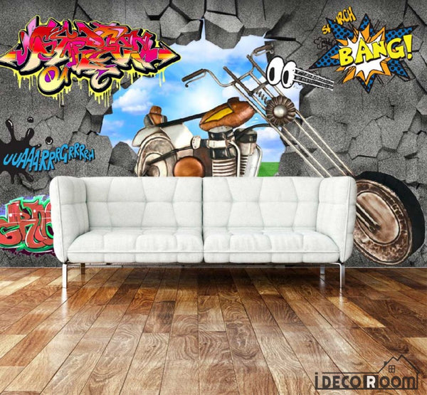 3D Graffiti Break Through Wall Motorbike Living Room Art Wall Murals W ...