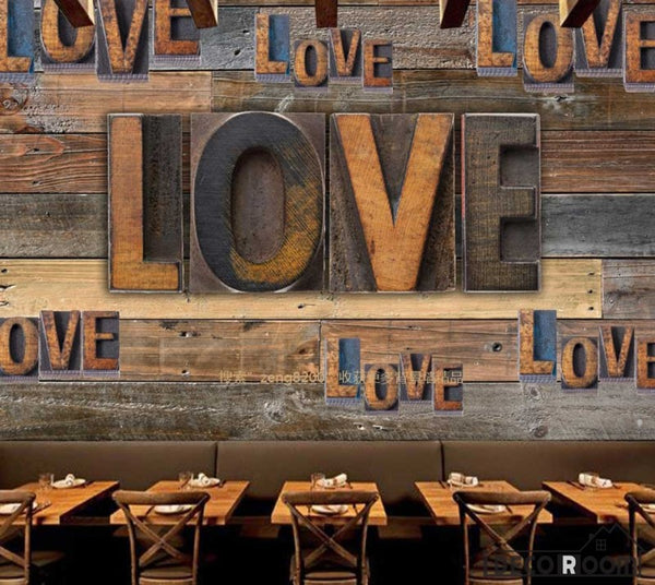 3D Typographic Love Letters On Wooden Wall Restaurant Art Wall Murals ...