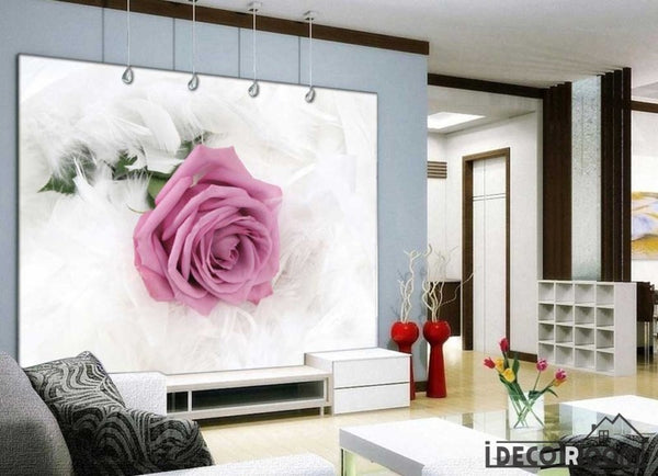 Graphic Design 3D Pink Rose White Feathers Living Room Art Wall Murals ...