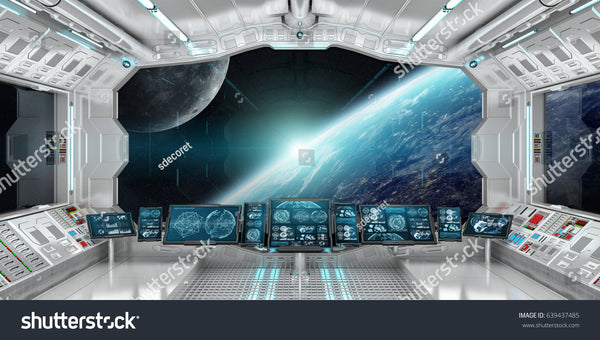 Spaceship interior with view on space and planet Earth 3D size 105X221 ...